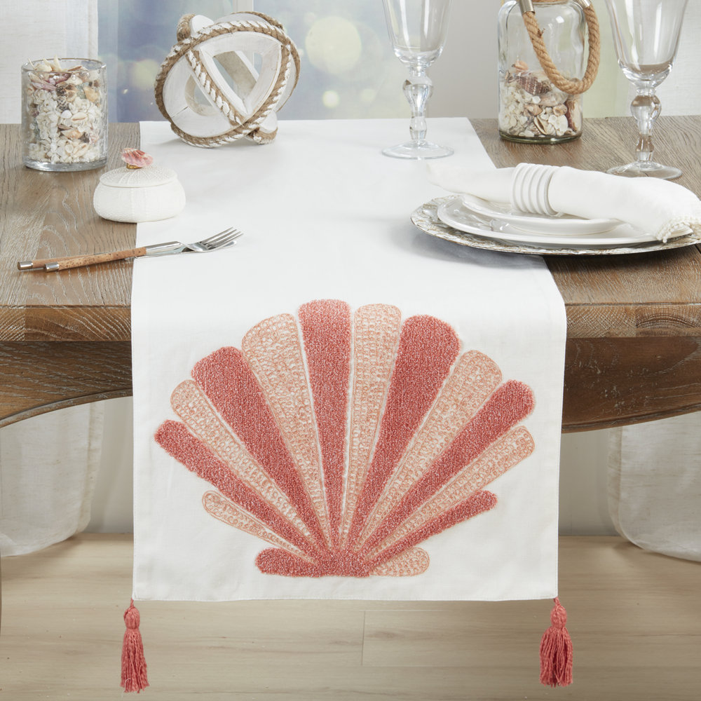 Beachcrest Home Pink Embroidered Seashell Cotton Table Runner With ...