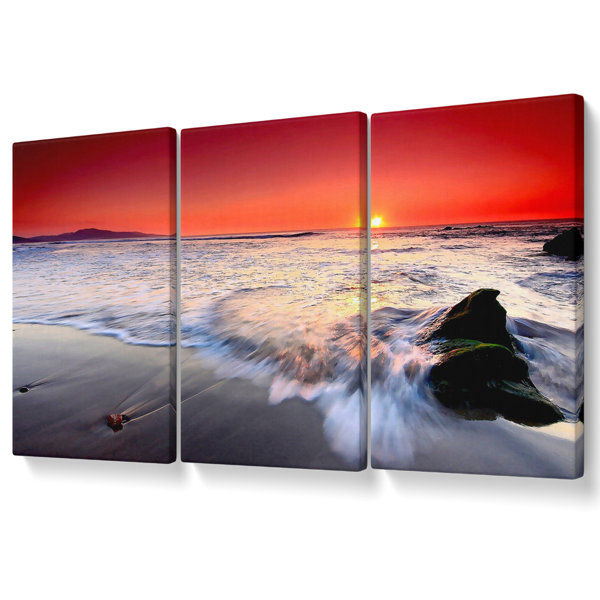 Highland Dunes Red Sunset Ocean Swell Canvas 3 Panel Set | Wayfair.co.uk
