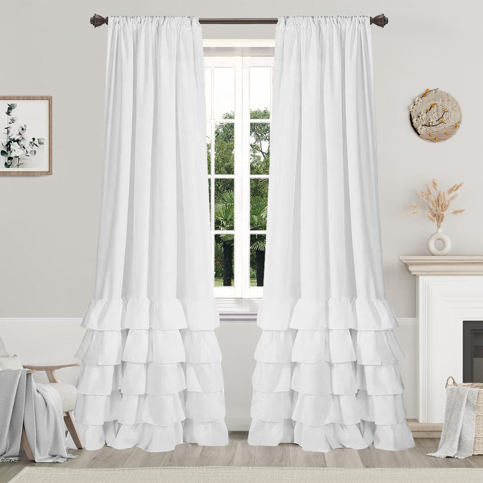 Gracie Oaks White Ruffle Sheer Curtains Boho Sheer Windows Drapes | Wayfair