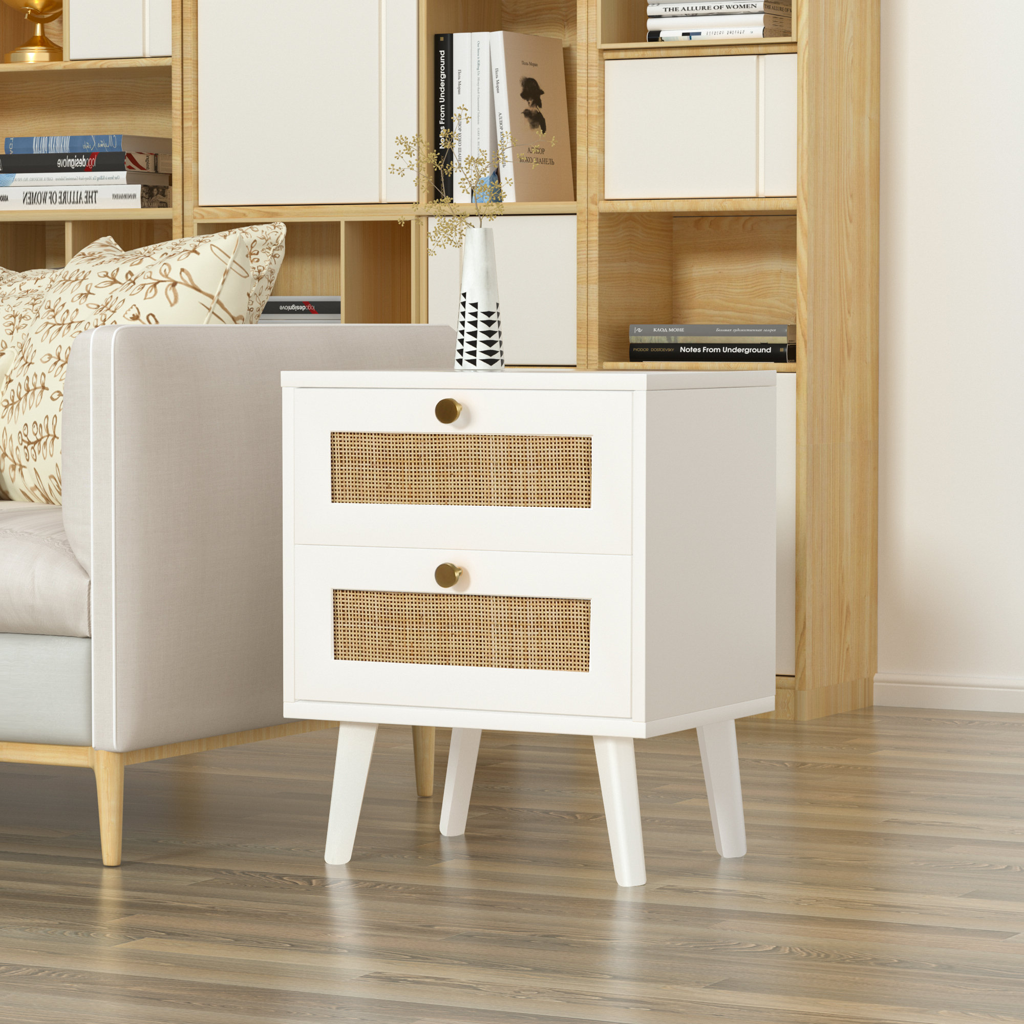 Bayou Breeze Cisse White Nightstand, Farmhouse Rattan Nightstand Wood ...