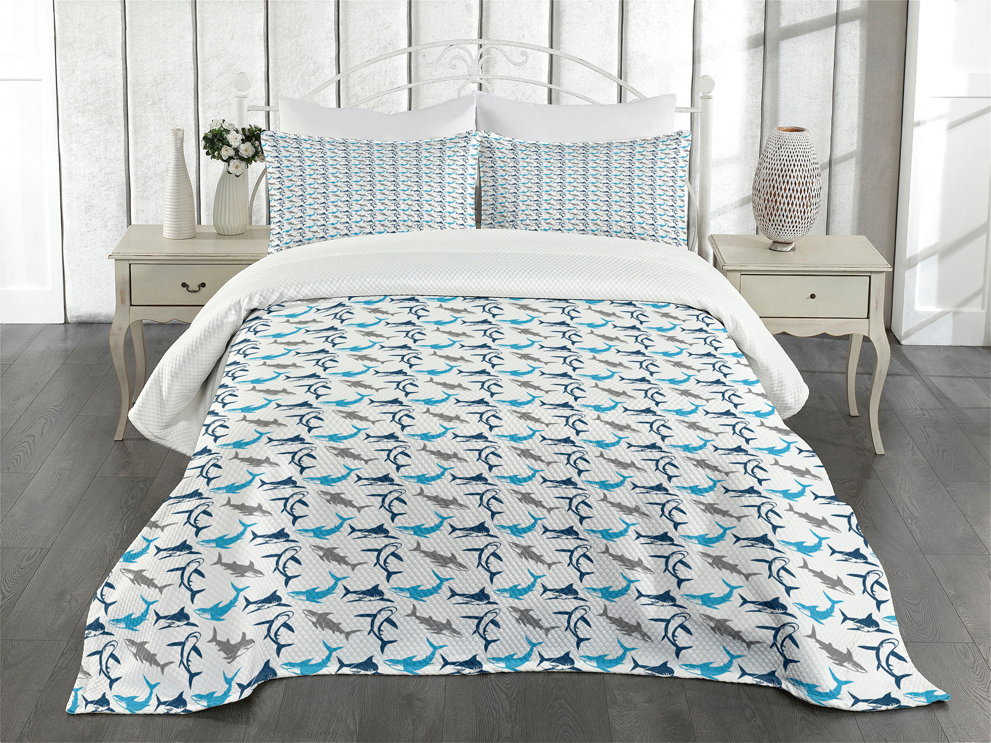 Ambesonne Ambensonne Shark Bedspread Dangerous Deep Seas Blue Navy Blue ...