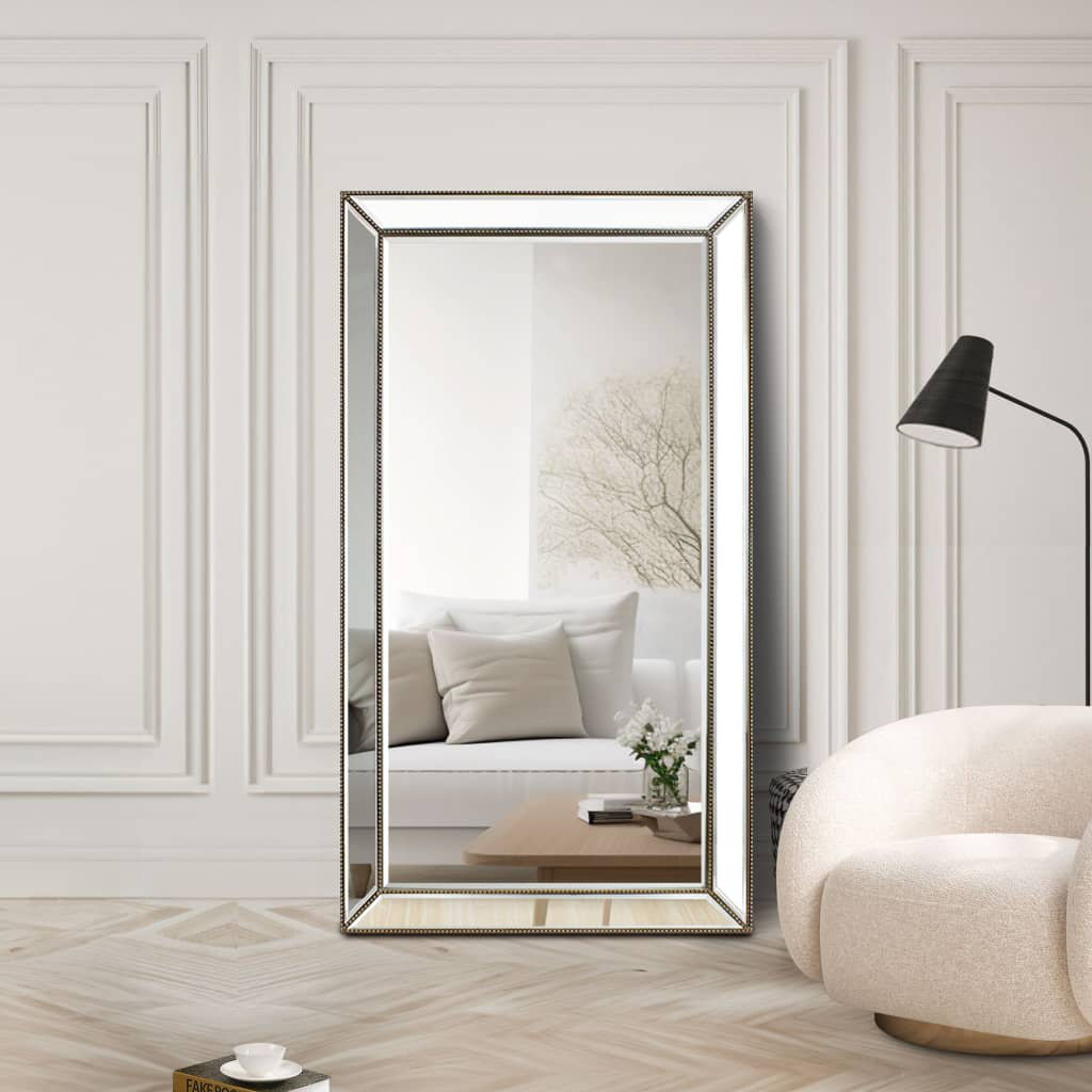 Everly Quinn Lido Rectangle Vintage Look Glass Floor Mirror with Beaded ...