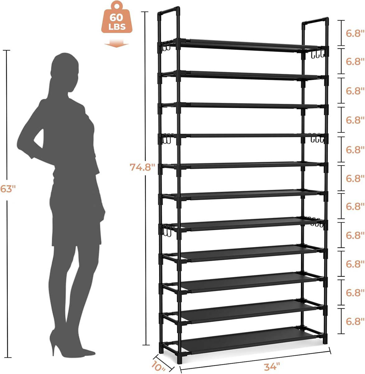 Ivy Bronx 11 Tiers Tall Shoe Rack Holds 55 Pairs Of Shoes With 18Pcs ...