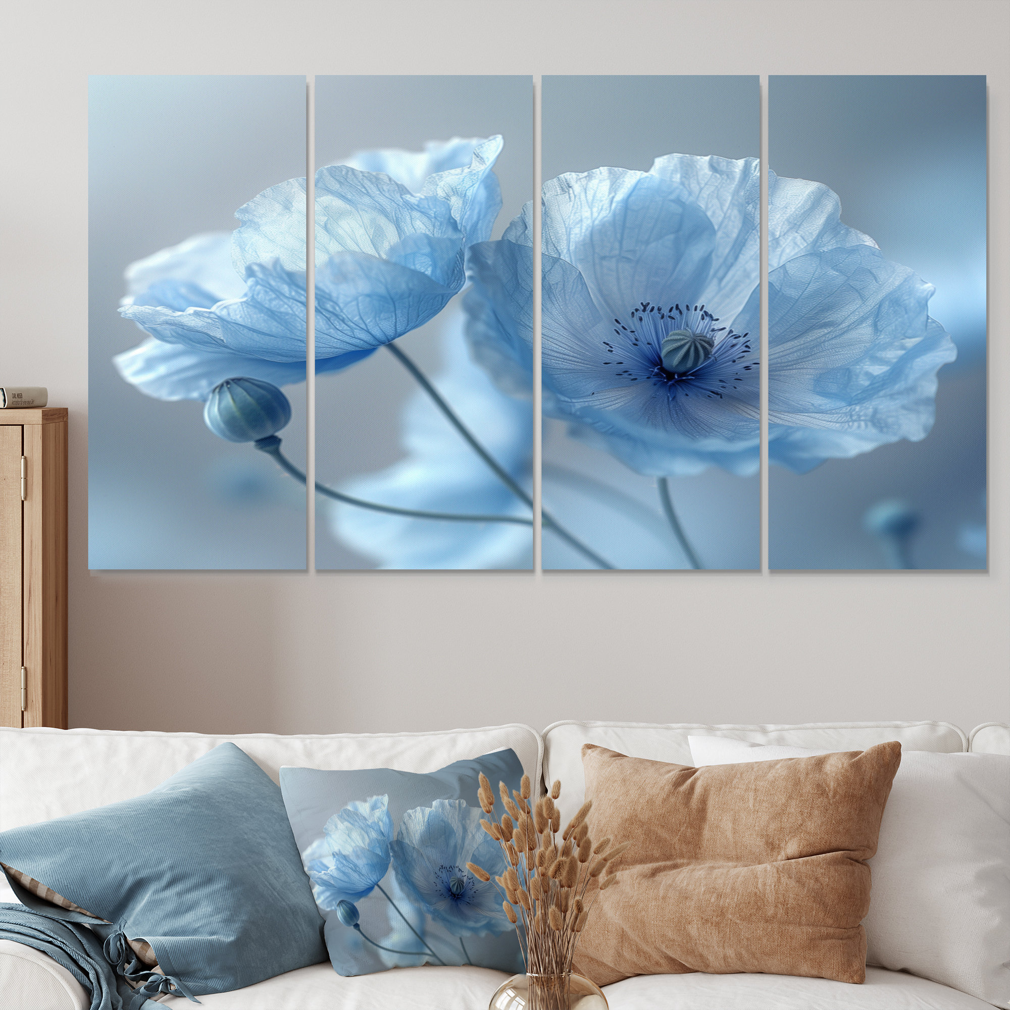 Design Art Blue Grey Ethereal Beauty Poppies I - Poppies Canvas Art Set ...