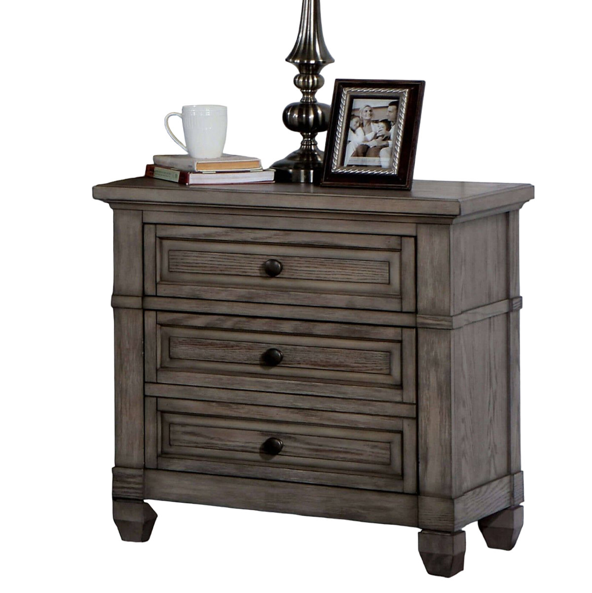 Everly Quinn Wire-Brushed 1Pc Nightstand Warm Solid Wood 3-Drawers ...