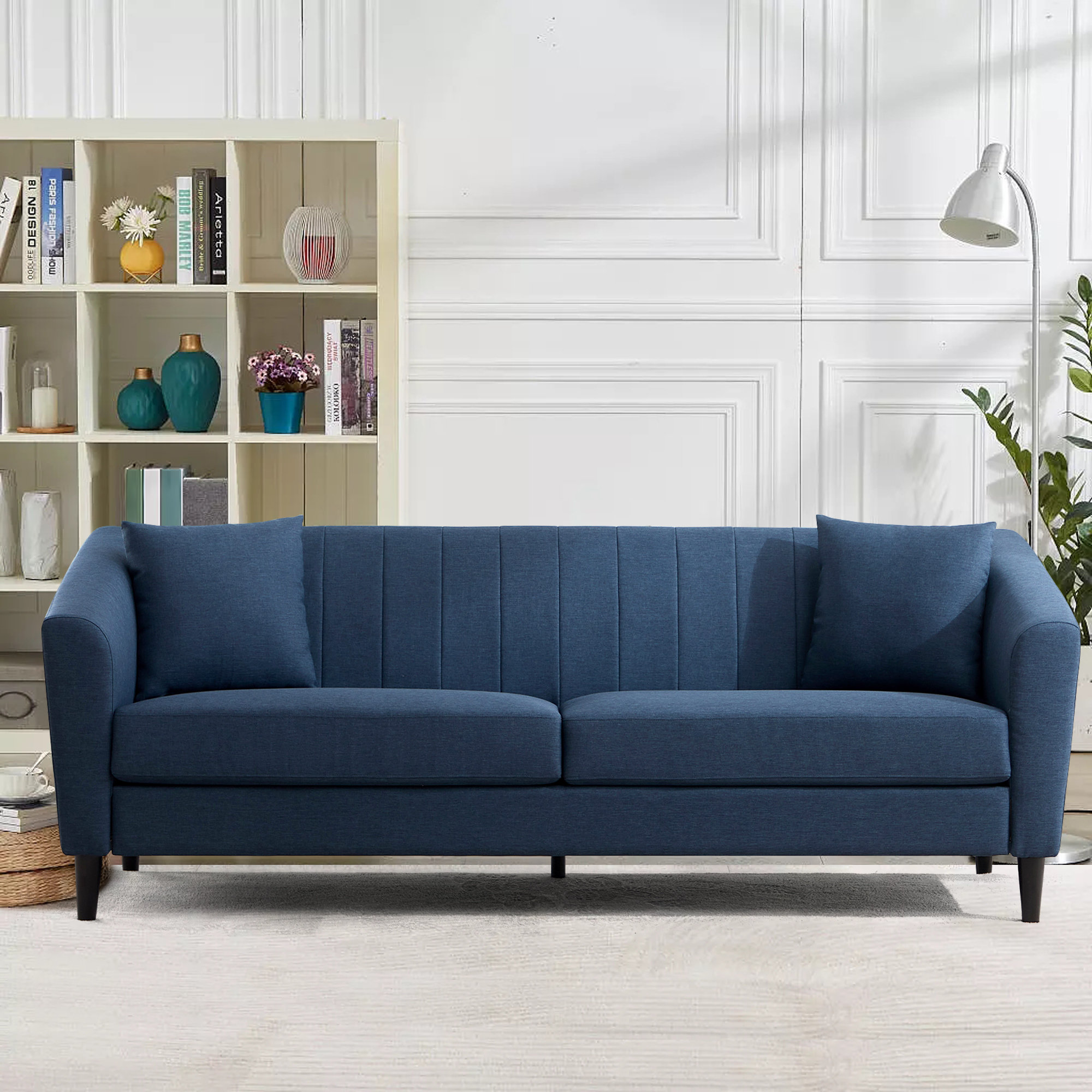 Ebern Designs 3-seater Sofa With Channel Stitching And Accent Pillows ...