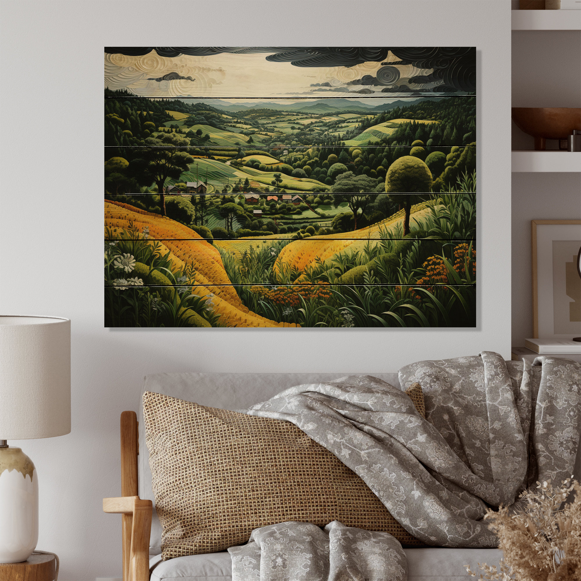 Loon Peak® Countryside Green Pastures Patchwork On Wood Print | Wayfair