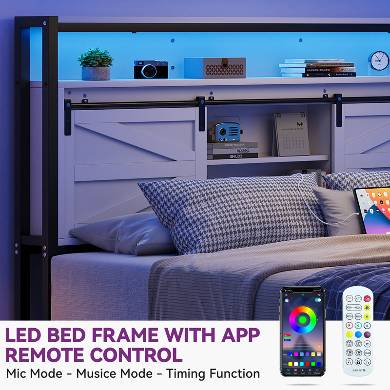 Ivy Bronx Platform Bed Storage Bookcase Headboard With LED Lights | Wayfair