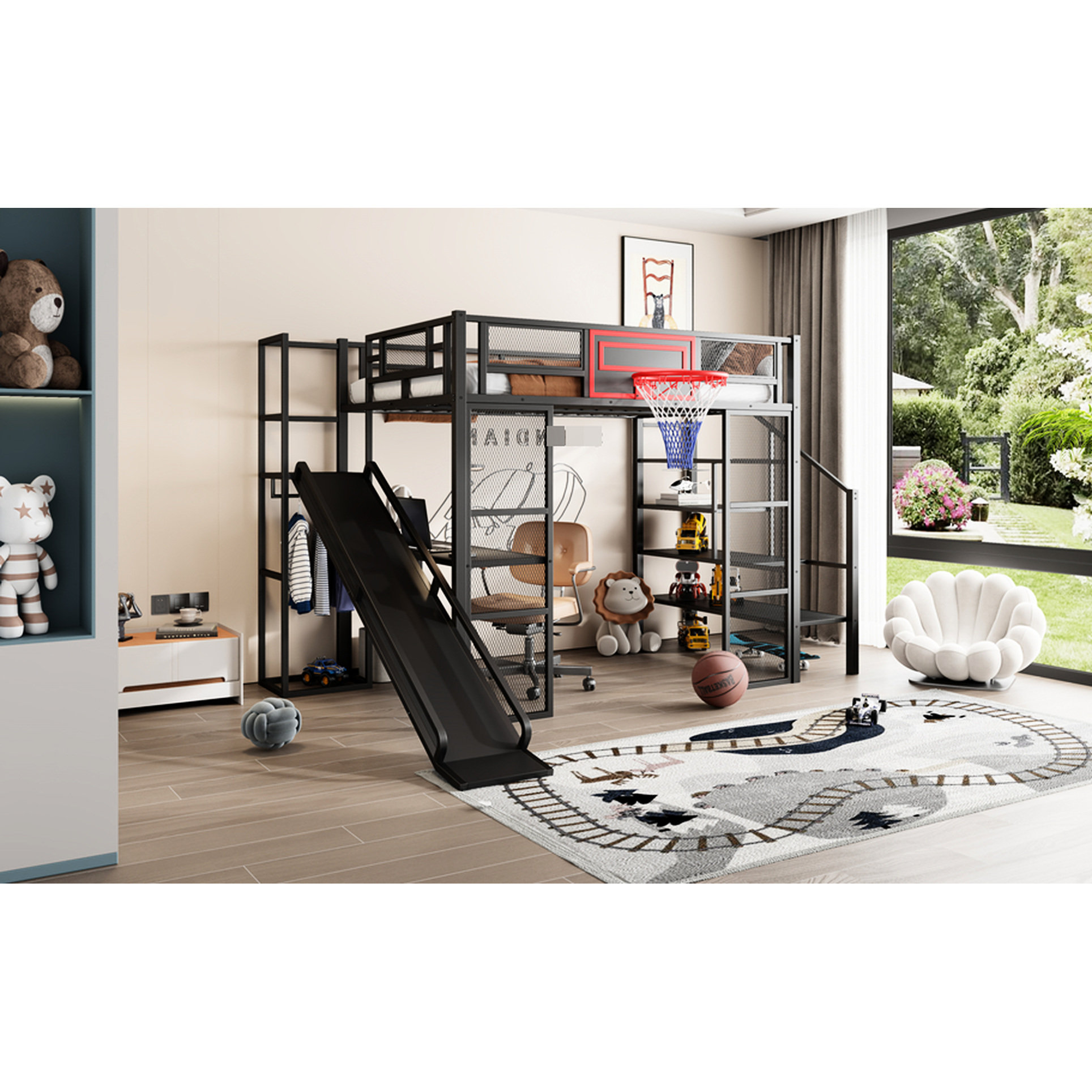 Brayden Studio® White Metal Loft Bed With Desk, Wardrobe, Hoop, Slide ...
