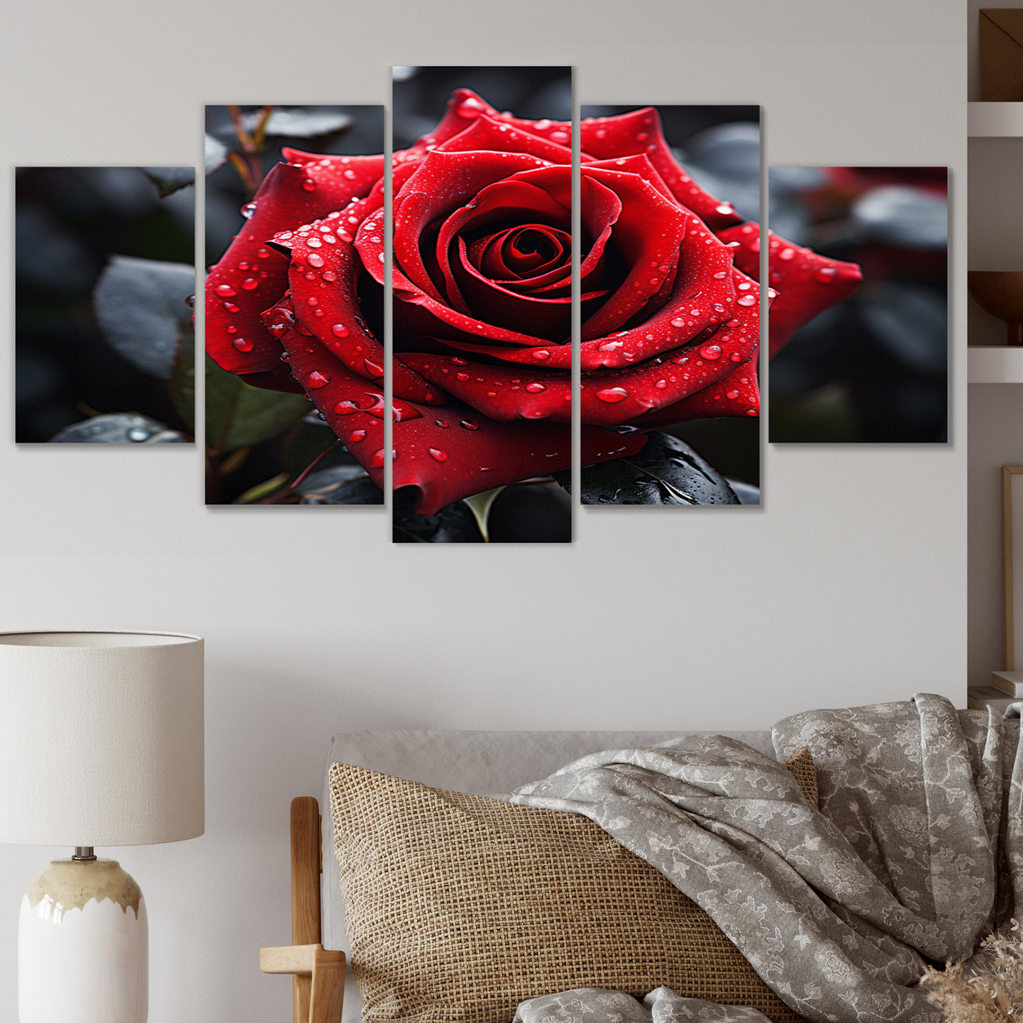 Mercer41 Water Drops On Red Rose Majesty II On Canvas 5 Pieces Print ...