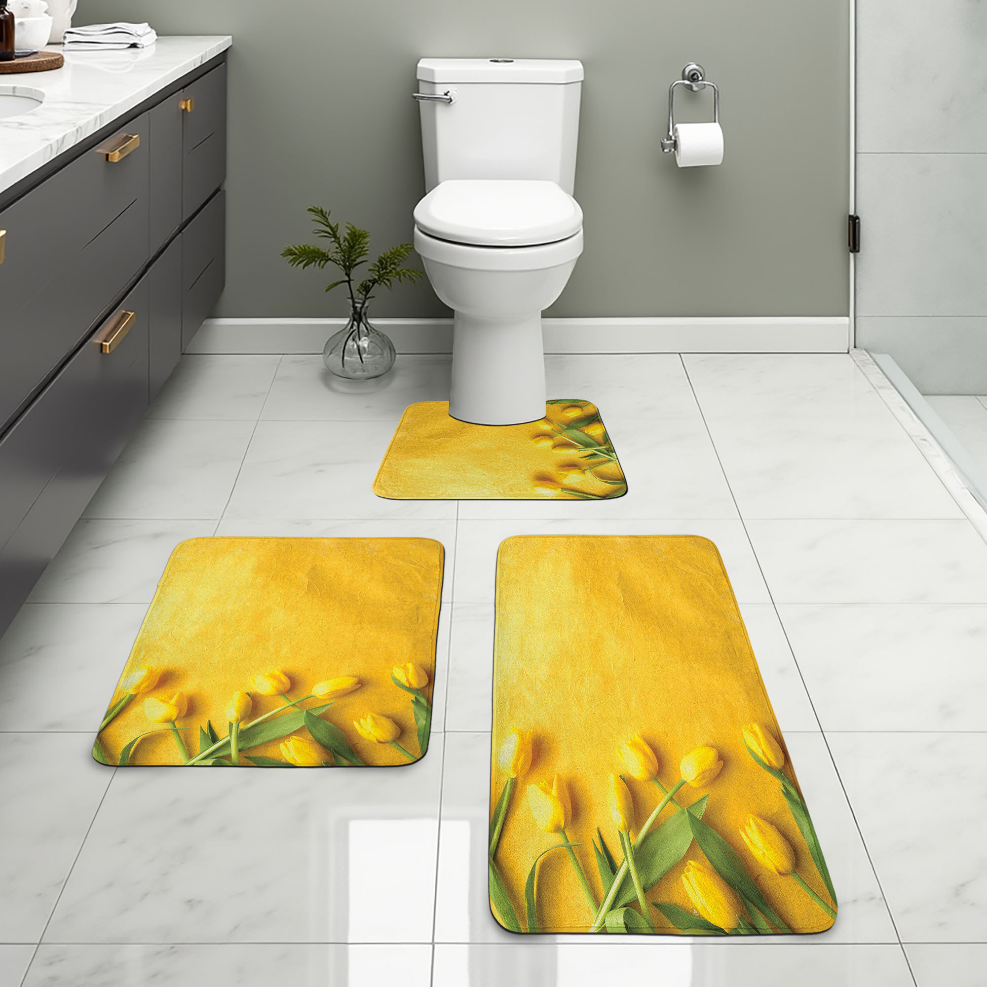 East Urban Home Yellow Bathroom Rug Set 3 Pieces U-Shape & Rectangle ...
