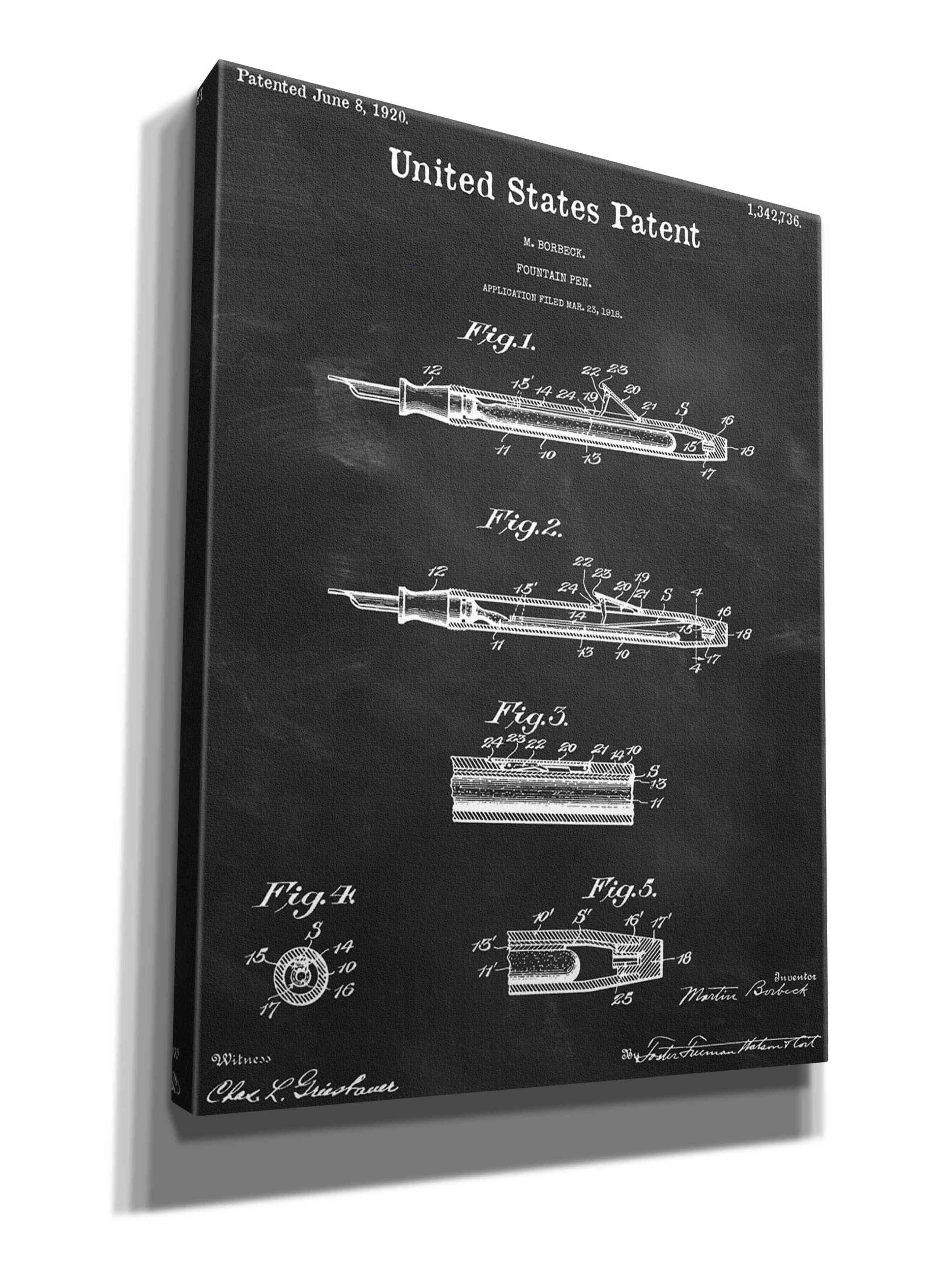 17 Stories Fountain Pen Blueprint Patent Chalkboard - Wrapped Canvas ...