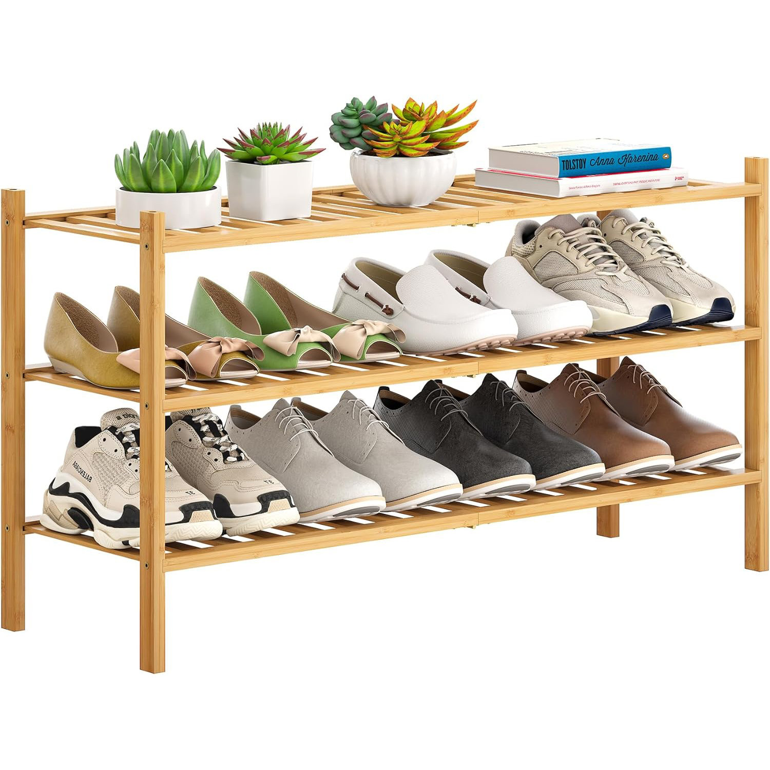 Latitude Run® 3 Tier Freestanding Bamboo Shoe Rack, Stackable Shoe ...