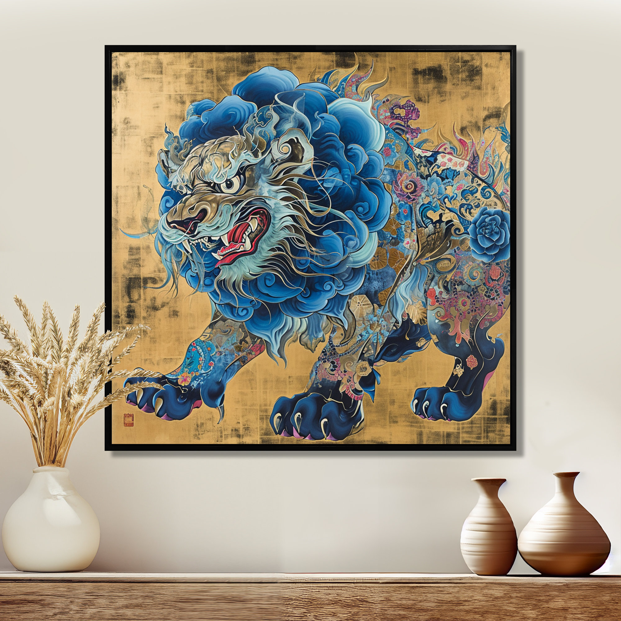 Design Art Ferocious Lion On Vintage Chinese Gold - Asian Art Wall Art ...