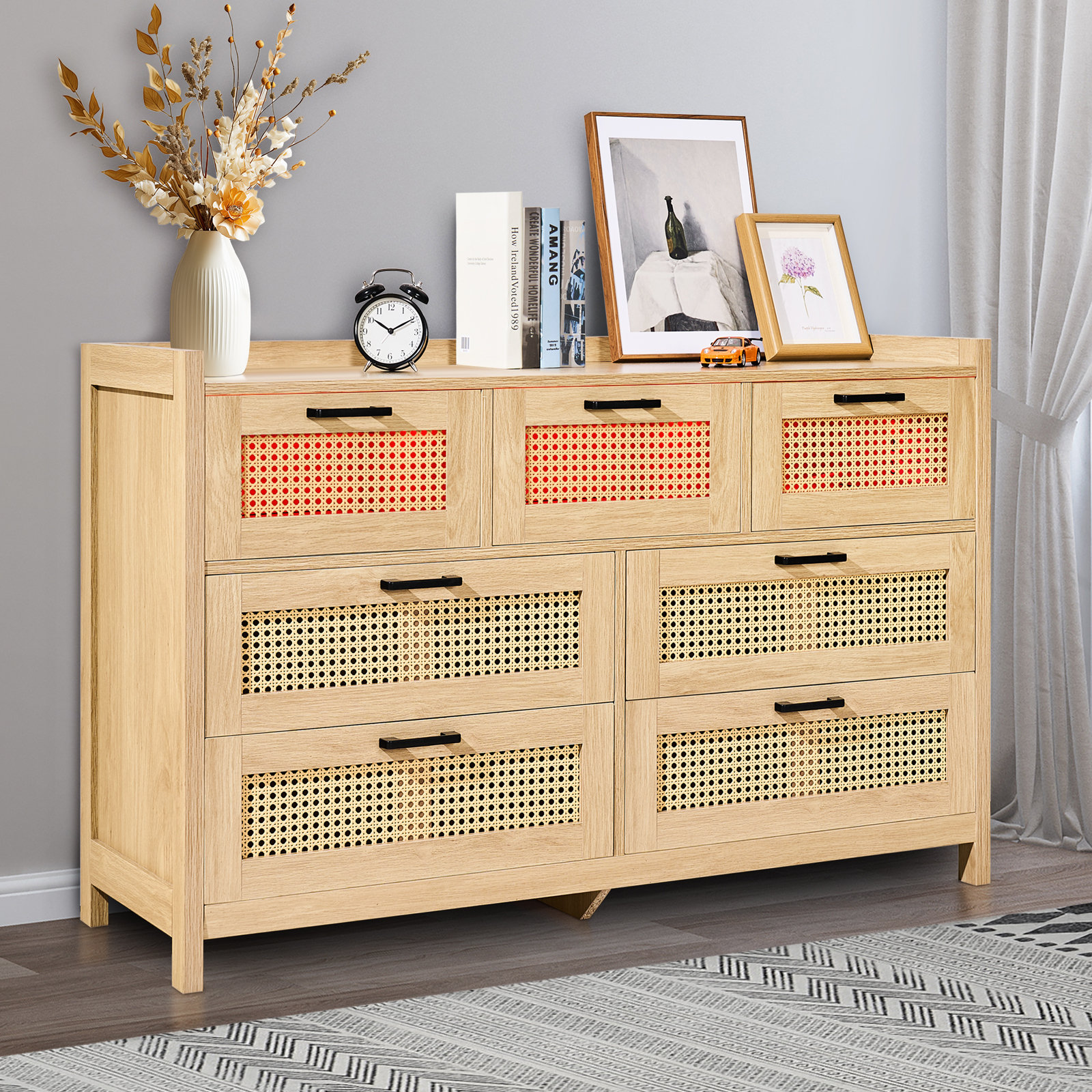 VEVOR 7 Drawer Rattan Dresser, Boho Dresser, Rattan Chest of Drawers ...