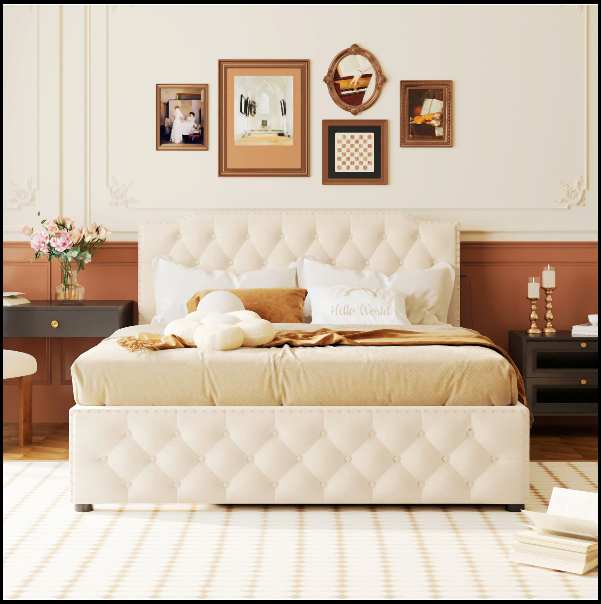 Winston Porter Queen Size Upholstered Platform Bed With Twin Size Trundle And 2 Sets Of Usb ...