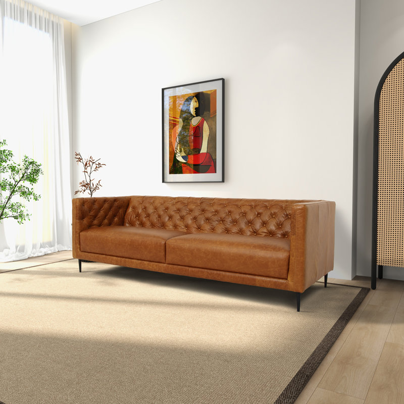17 Stories Bryceon Mid-Century Modern Chesterfield Genuine Leather Sofa ...