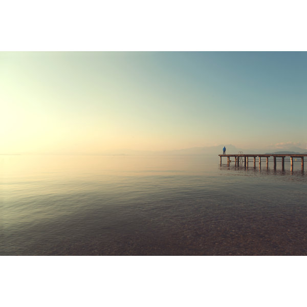 Highland Dunes Man On A Boardwalk Observing Calm Lake Scenary At Sunset ...
