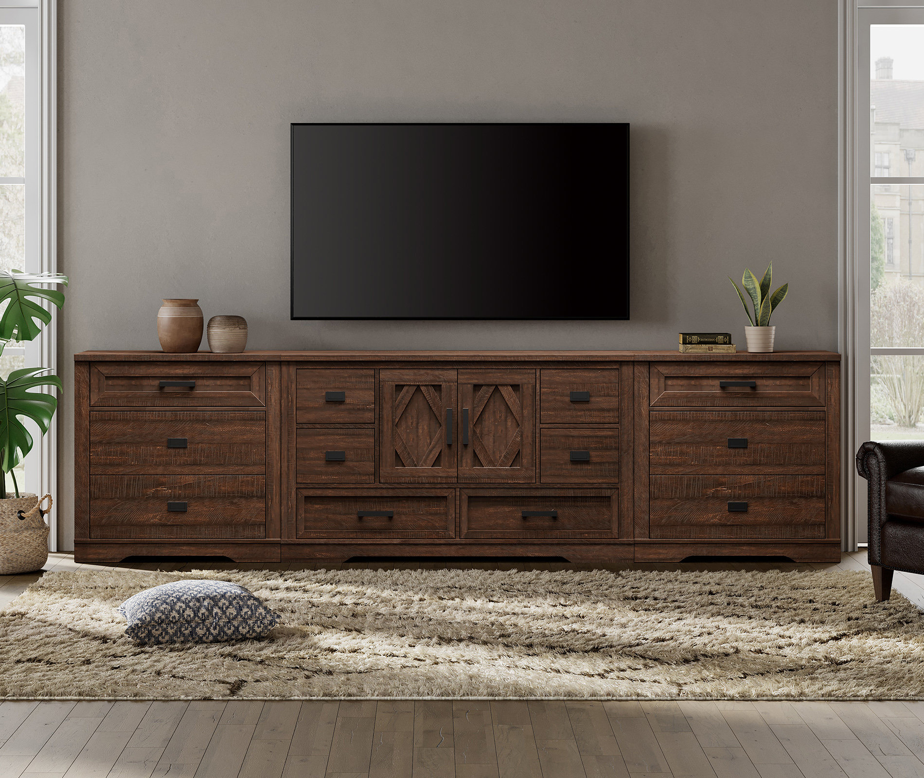 Gracie Oaks Laziza 3-In-1 Large Farmhouse Wood Entertainment Center ...