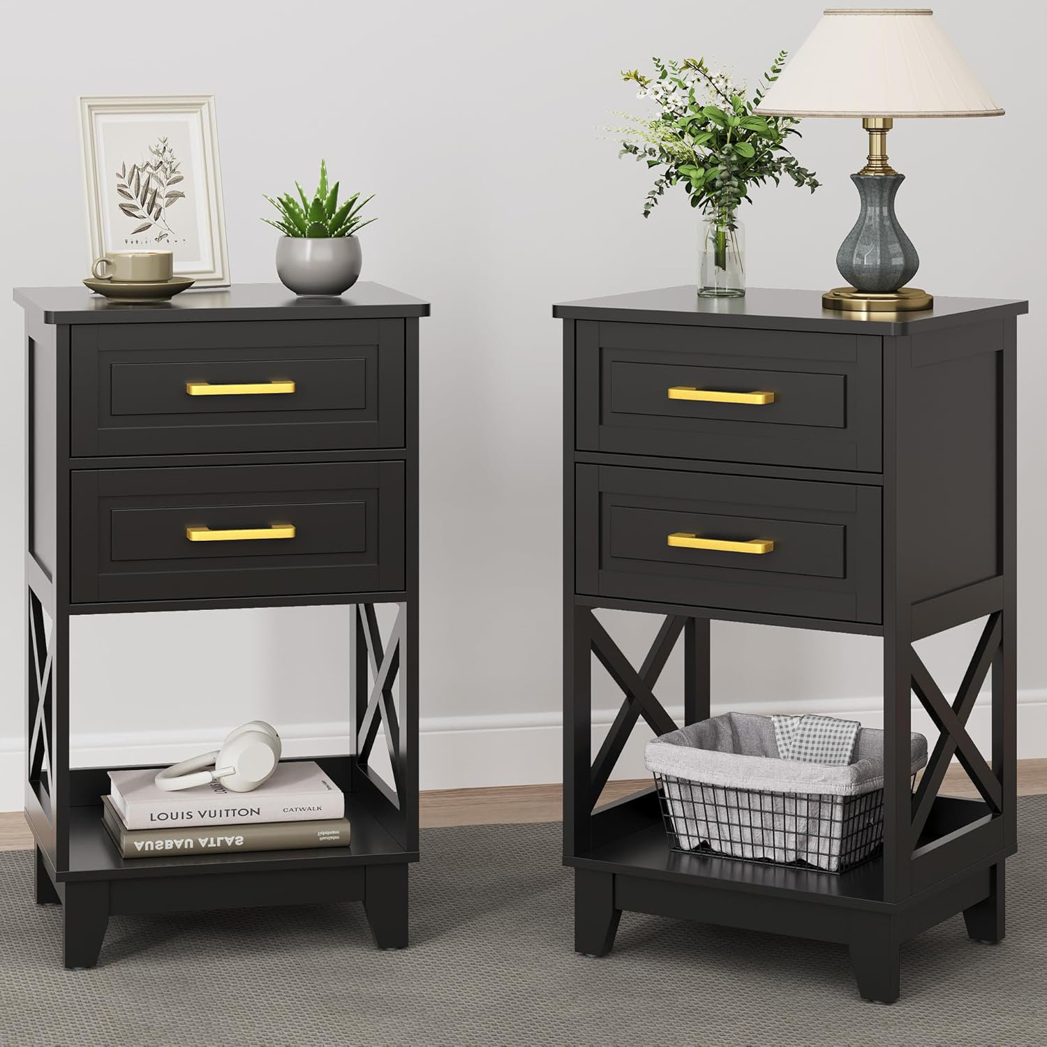 Gracie Oaks Modern Black Nightstand Set Of 2 With Drawers And Open ...