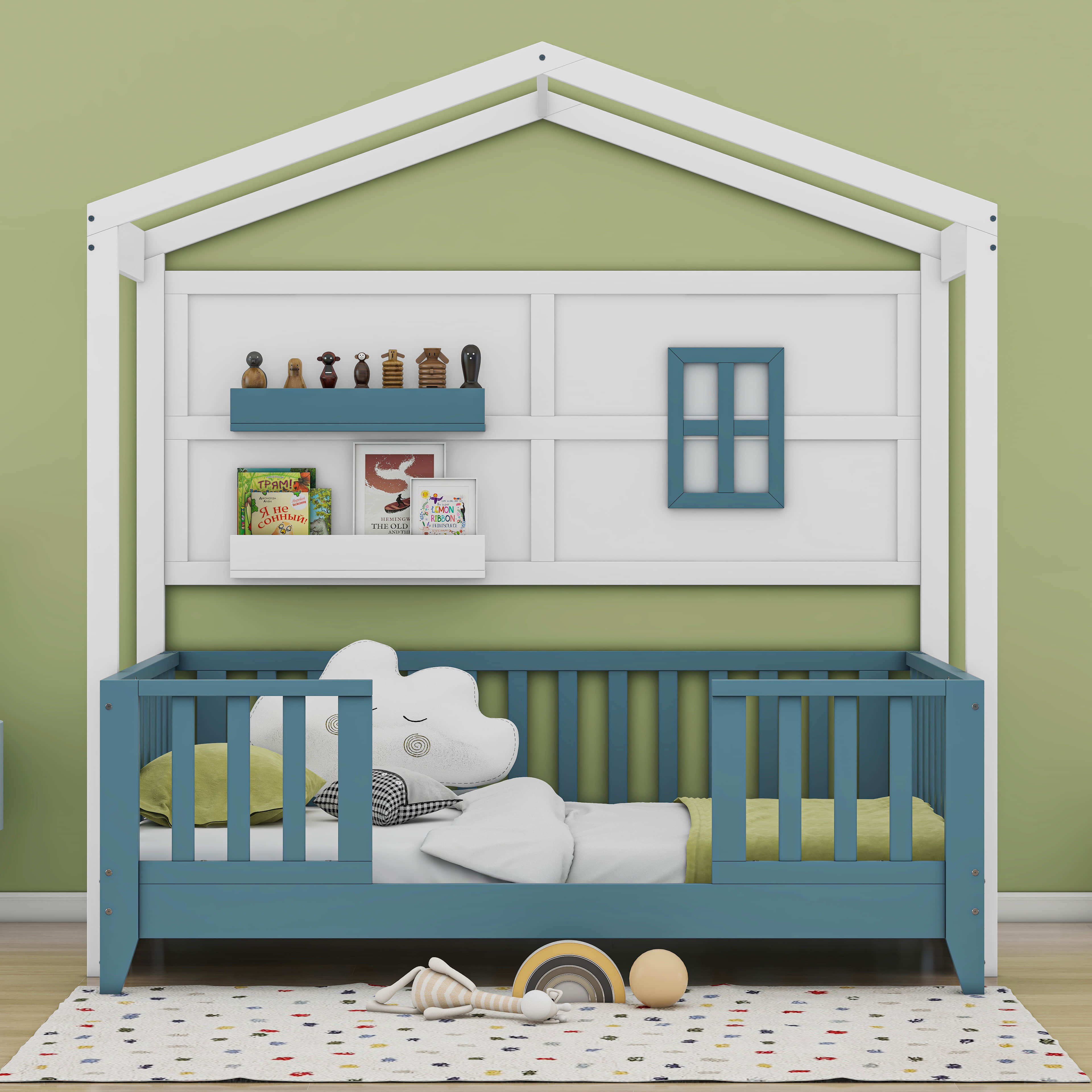 Harper Orchard Weese Twin Size Wood House Bed with 2 Shelves and ...