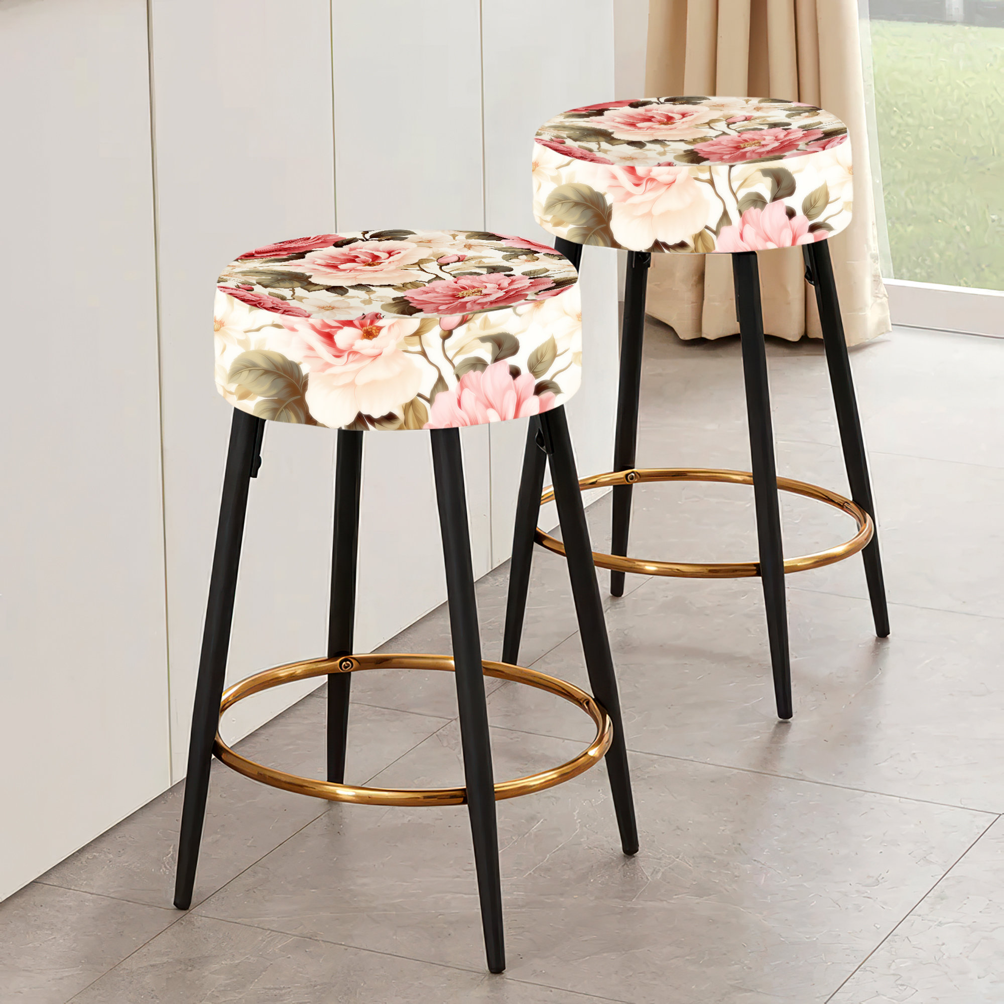 Design Art Beige Vintage Charm Floral Pattern V - Floral Bar Stools Set ...