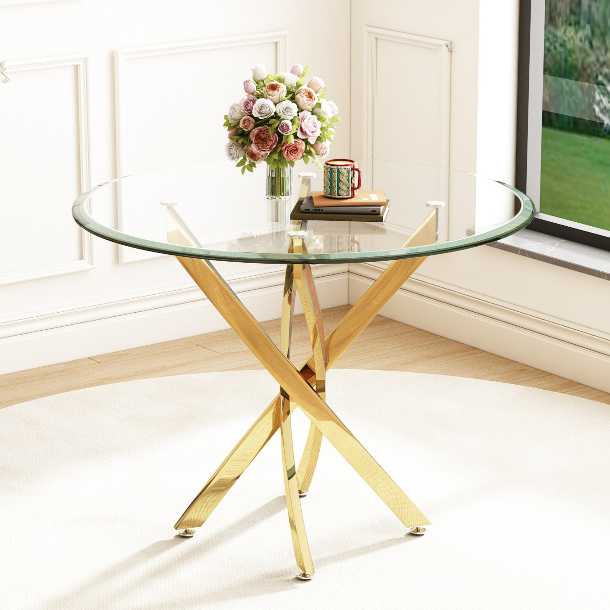 Mercer41 Lakeicha Round 36'' Glass Top Metal Base Dining Table ...
