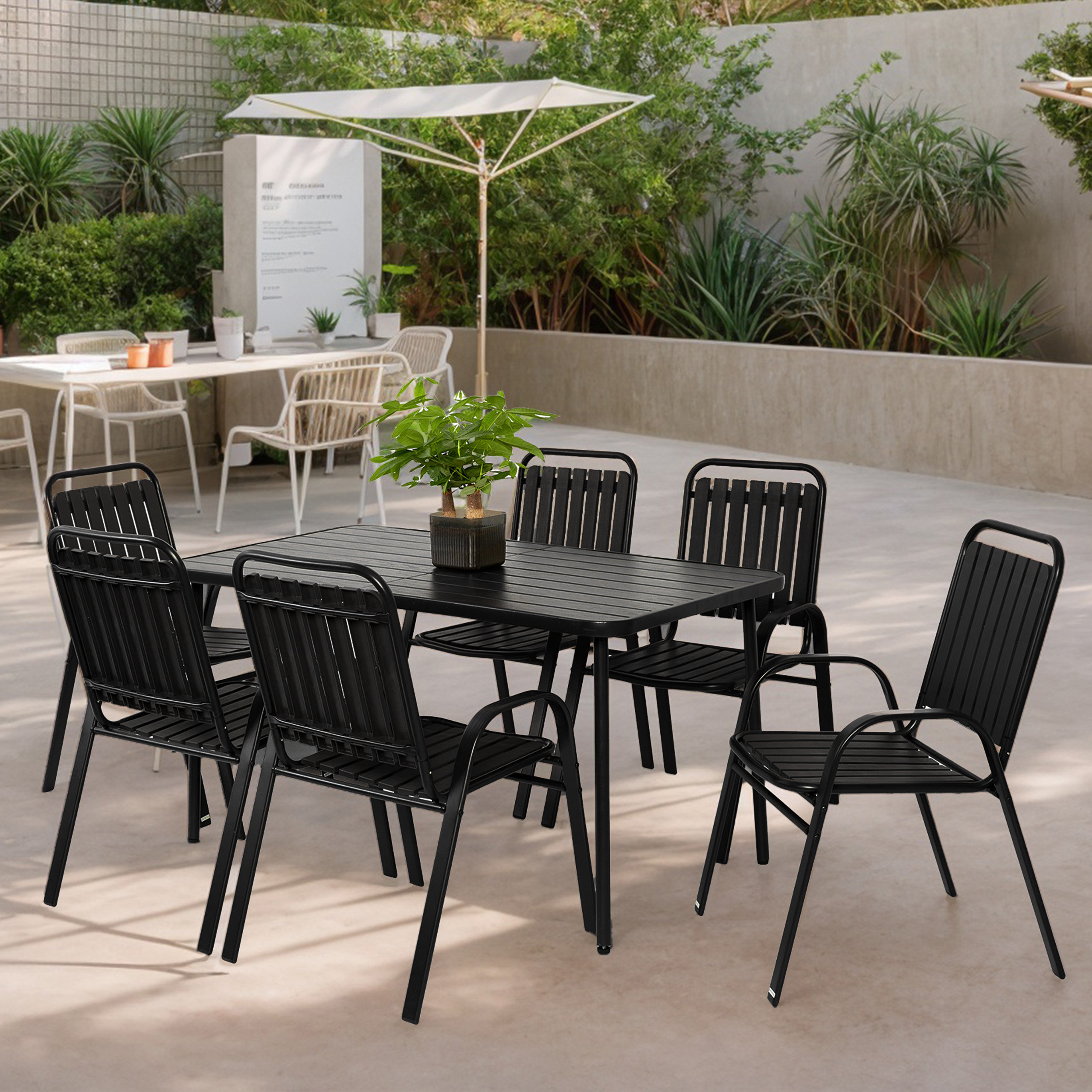 Latitude Run® 7 Piece Patio Dining Set for 6, 6 Plastic Stackable PVC ...