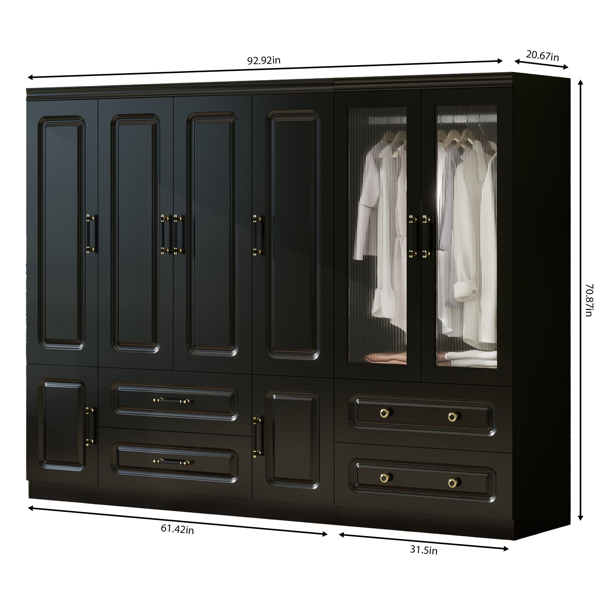 Red Barrel Studio Black Armoire Wardrobe Closet with Six Doors and Deep ...