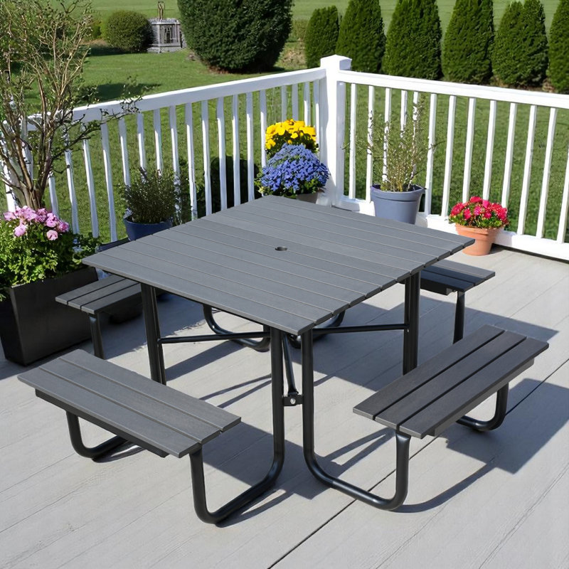 Arlmont & Co. Square HDPE Outdoor Picnic Table Benches Set, 8-Person ...