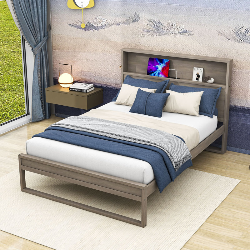 Latitude Run® Wooden Platform Bed with Storage Headboard, Socket and ...