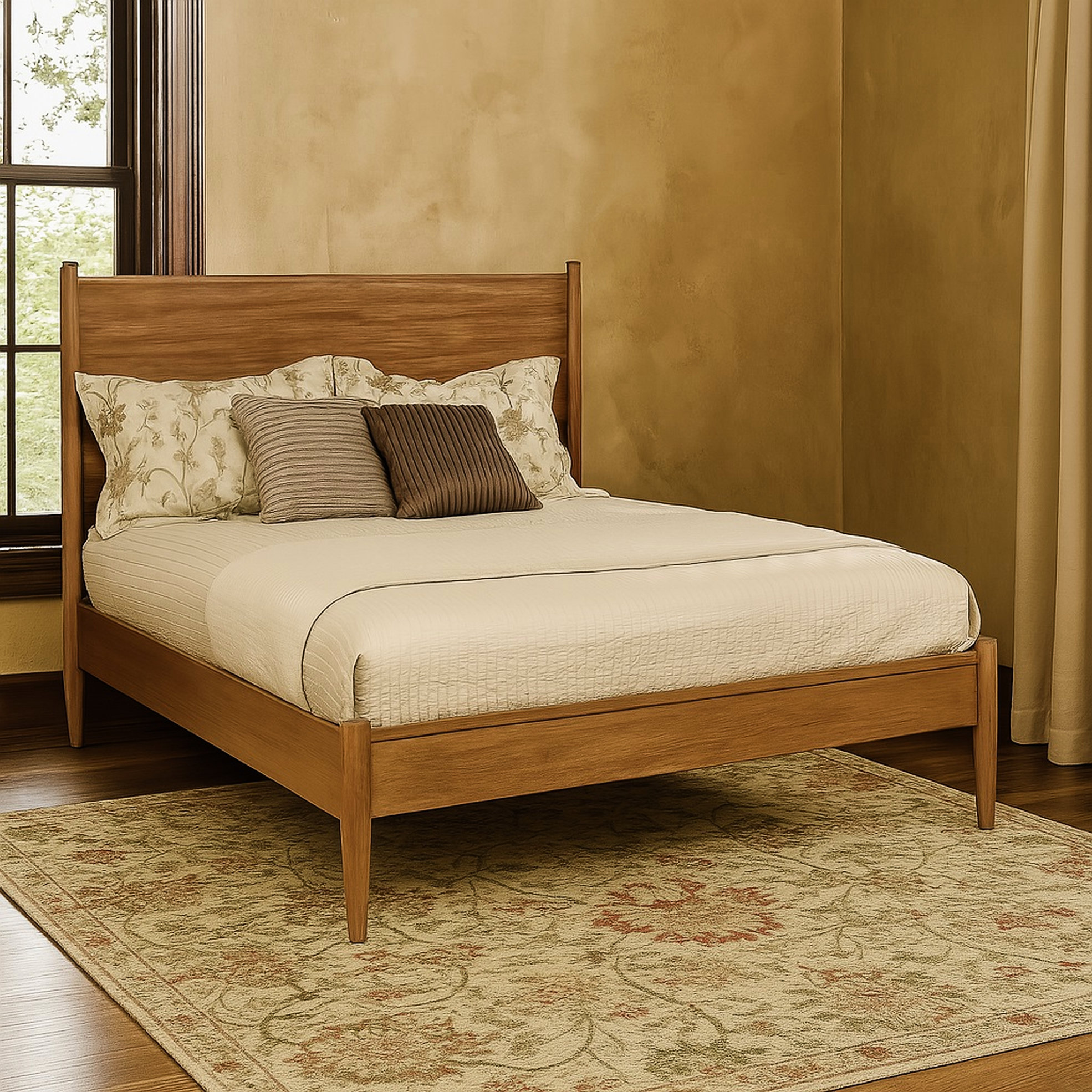 Corrigan Studio® Queen Size Mid - Century Oak Platform Bed, Tall Headboard, Slat Kit For Reading ...