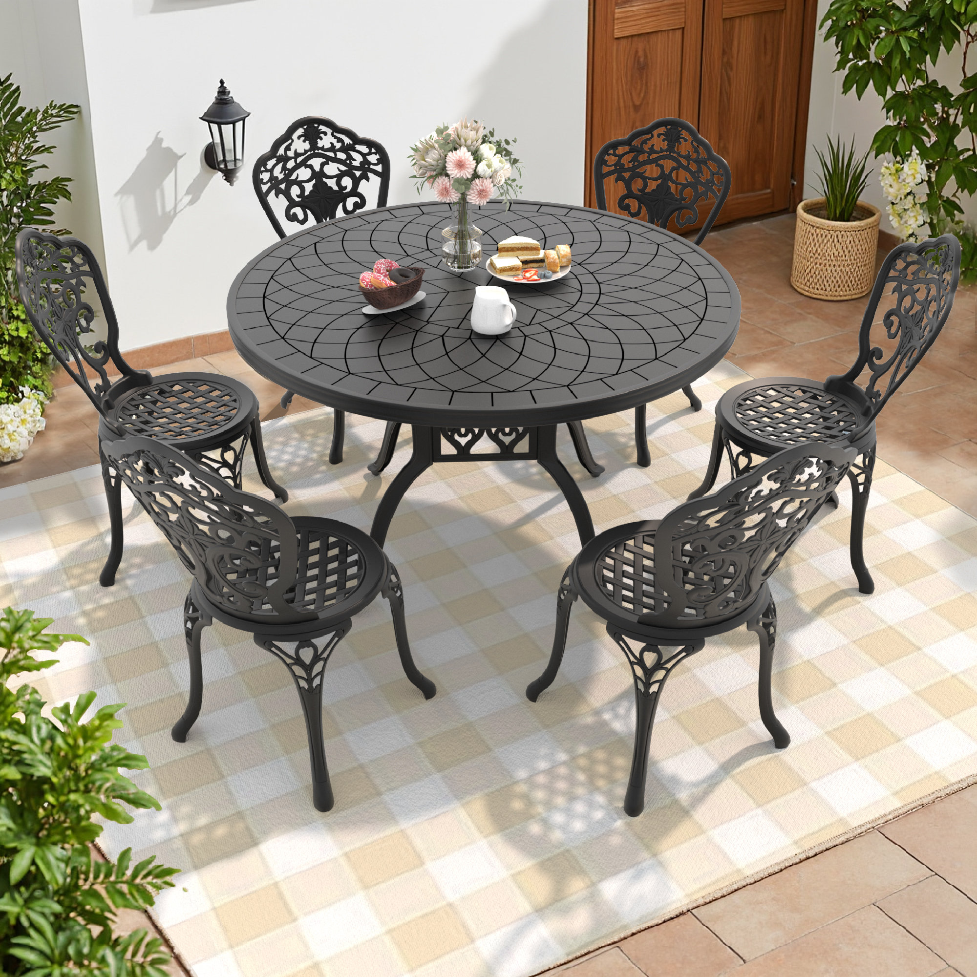 Bloomsbury Market 7-Piece 47.24-inch Round Table Outdoor Cast Aluminum ...