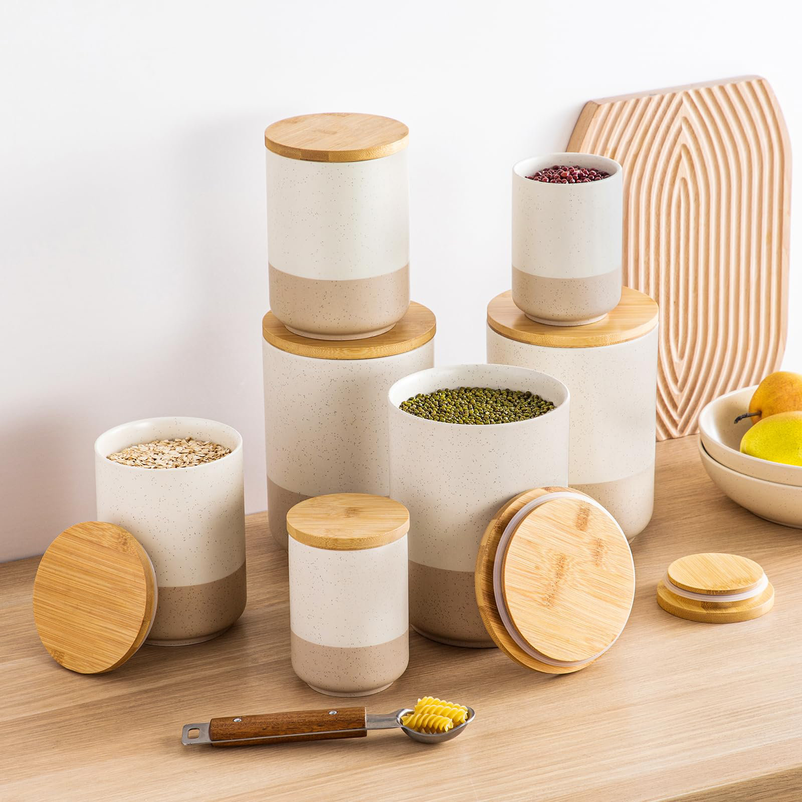 Prep & Savour Ceramic Canister Set With Airtight Wood Lids - 3-Piece ...