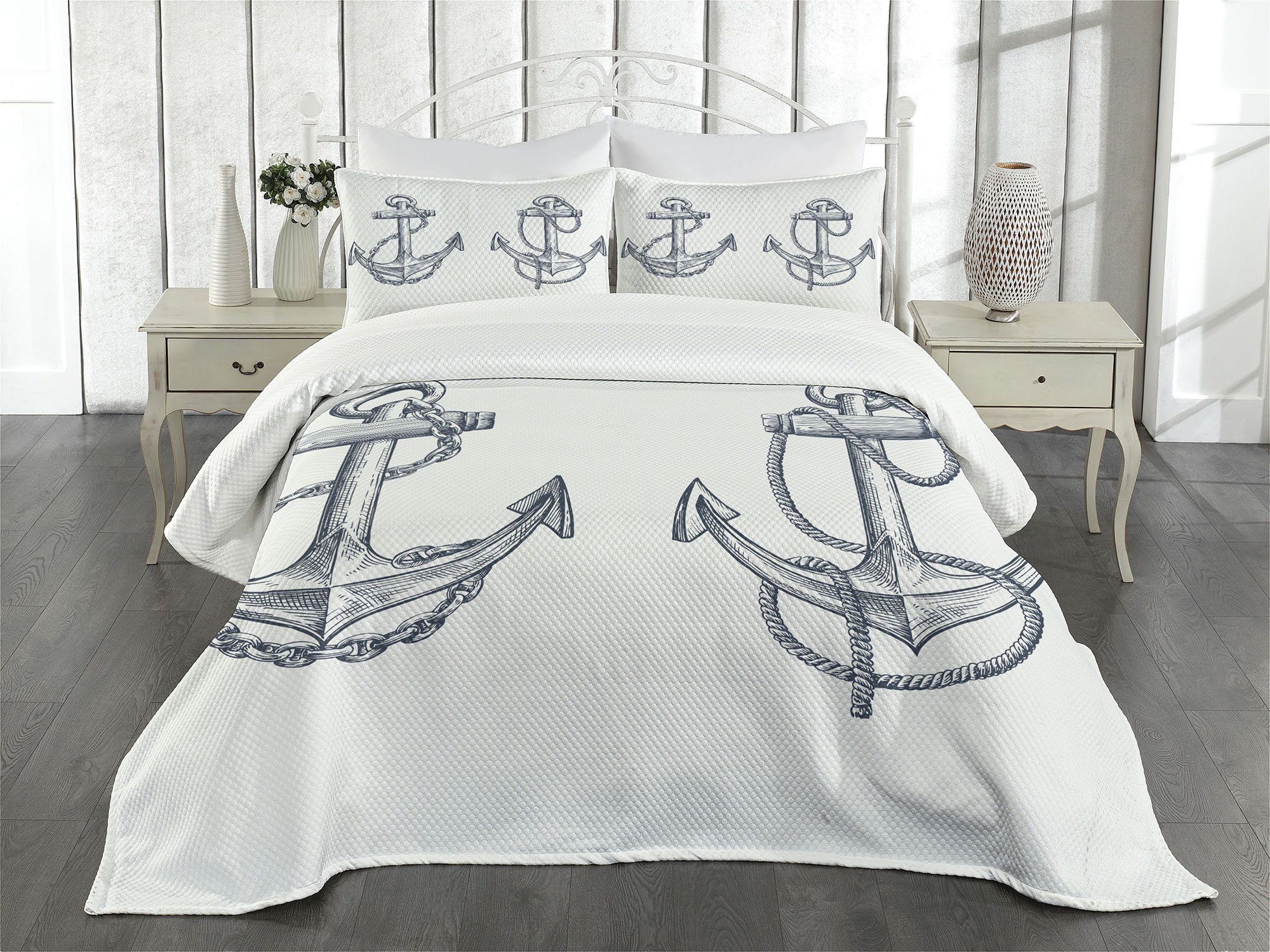 Ambesonne Anchor Bedspread Set Vintage Sketch of Anchor Dark Teal White ...