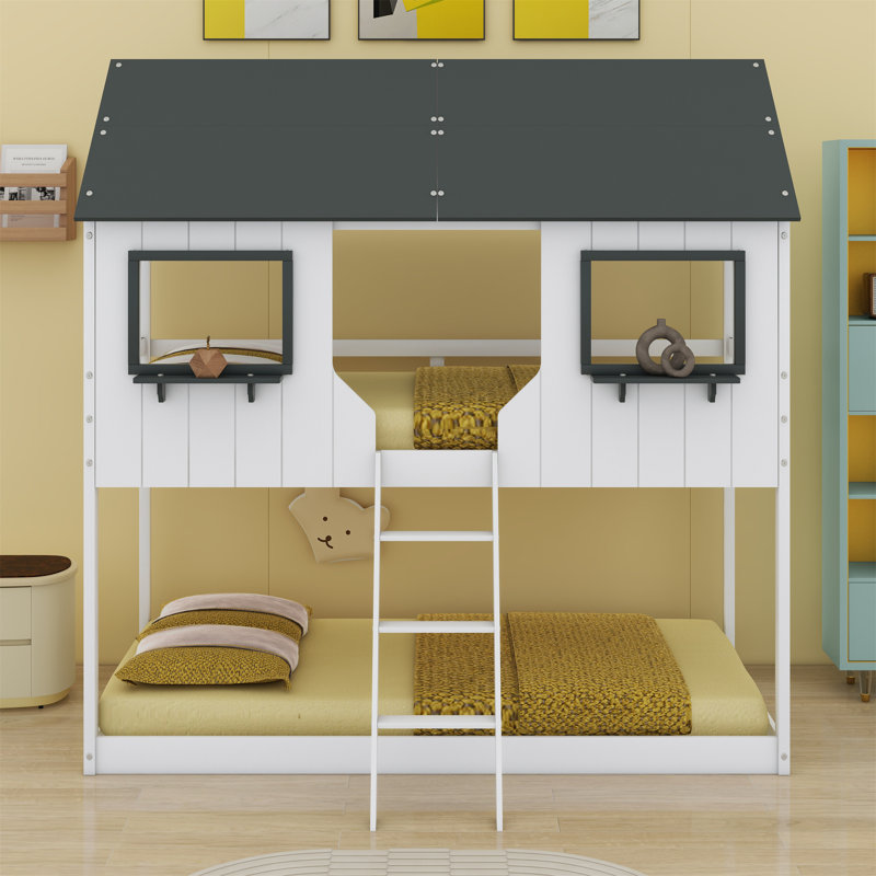 Ophelia & Co. Bunk Bed With Roof, Window, Guardrail, Ladder | Wayfair