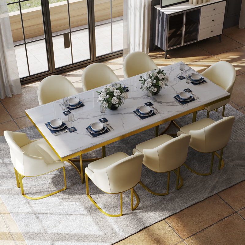 Everly Quinn Markhi Modern White Faux Marble Dining Table with Double ...