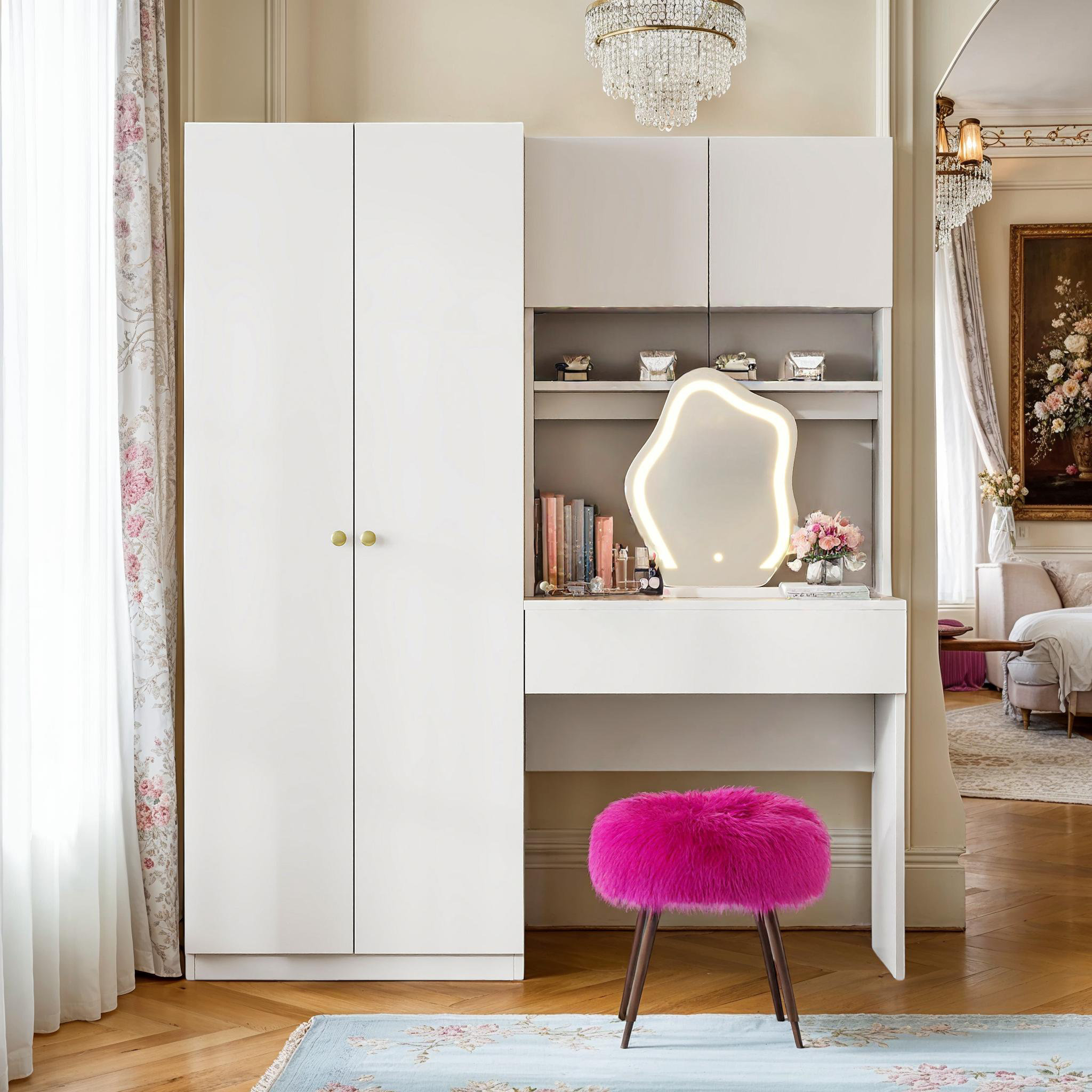 Ivy Bronx 2-in-1 White Wardrobe with Built-in Vanity and Storage ...