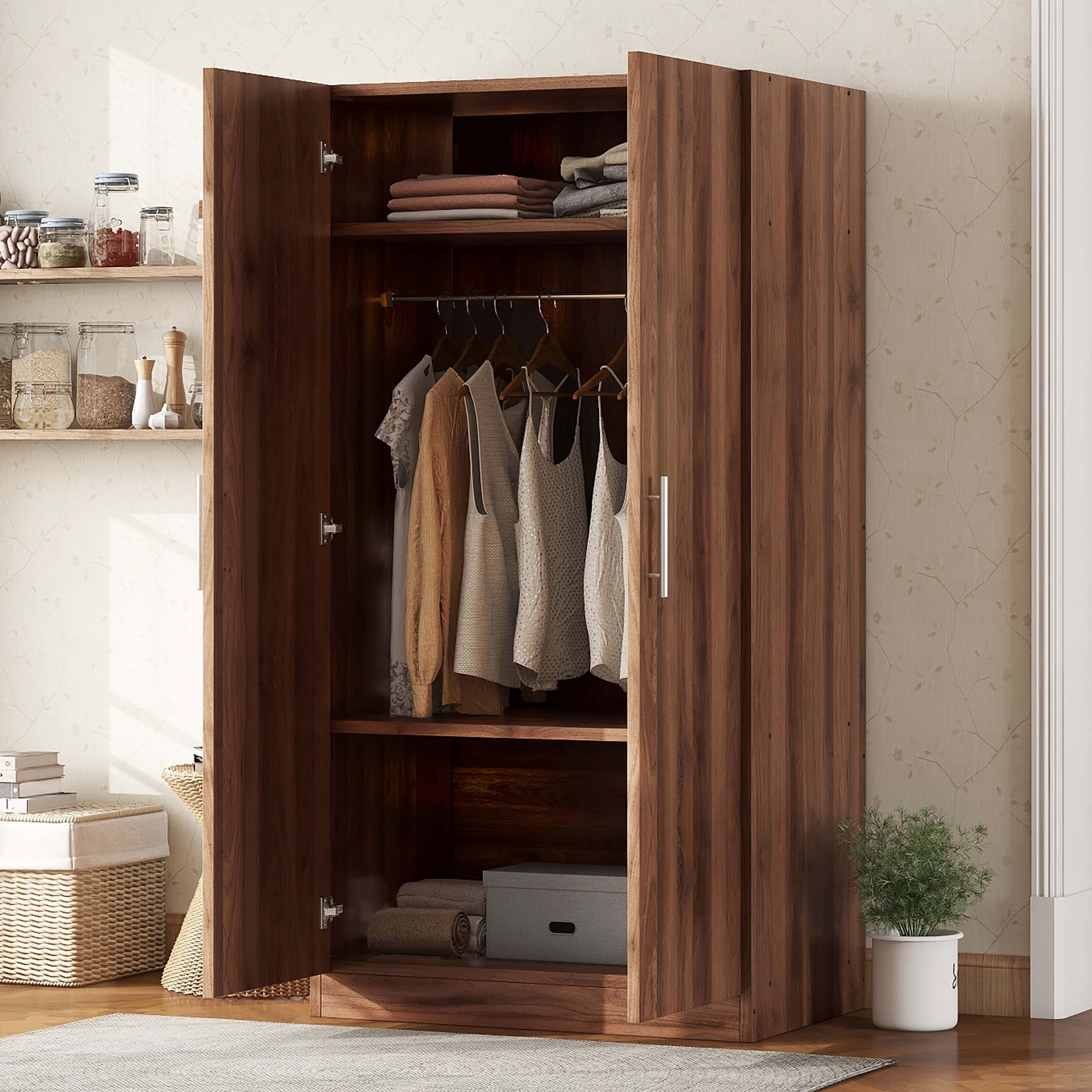 Loon Peak® Wooden Wardrobe With Inner Shelves | Wayfair