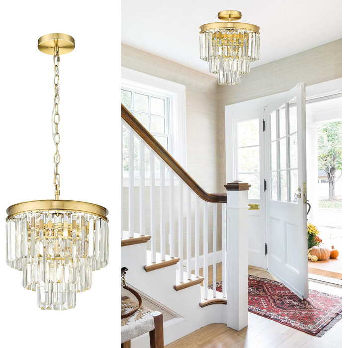 Mercer41 3 Tier Modern Crystal Chandelier With Gold Frame, 12 Inch ...