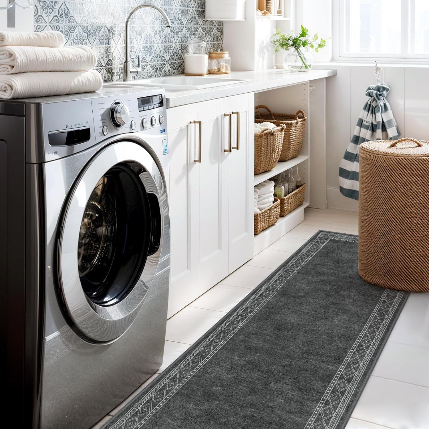 Winston Porter Modern Bordered Kitchen Runner Rugs Non Skid Washable ...