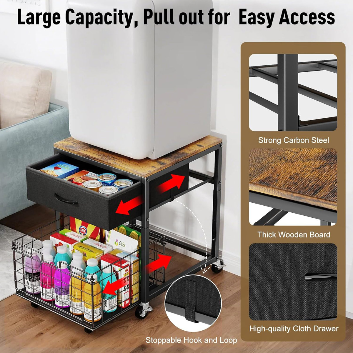 17 Stories Mobile Mini Fridge Stand With Storage, Height-Adjustable ...
