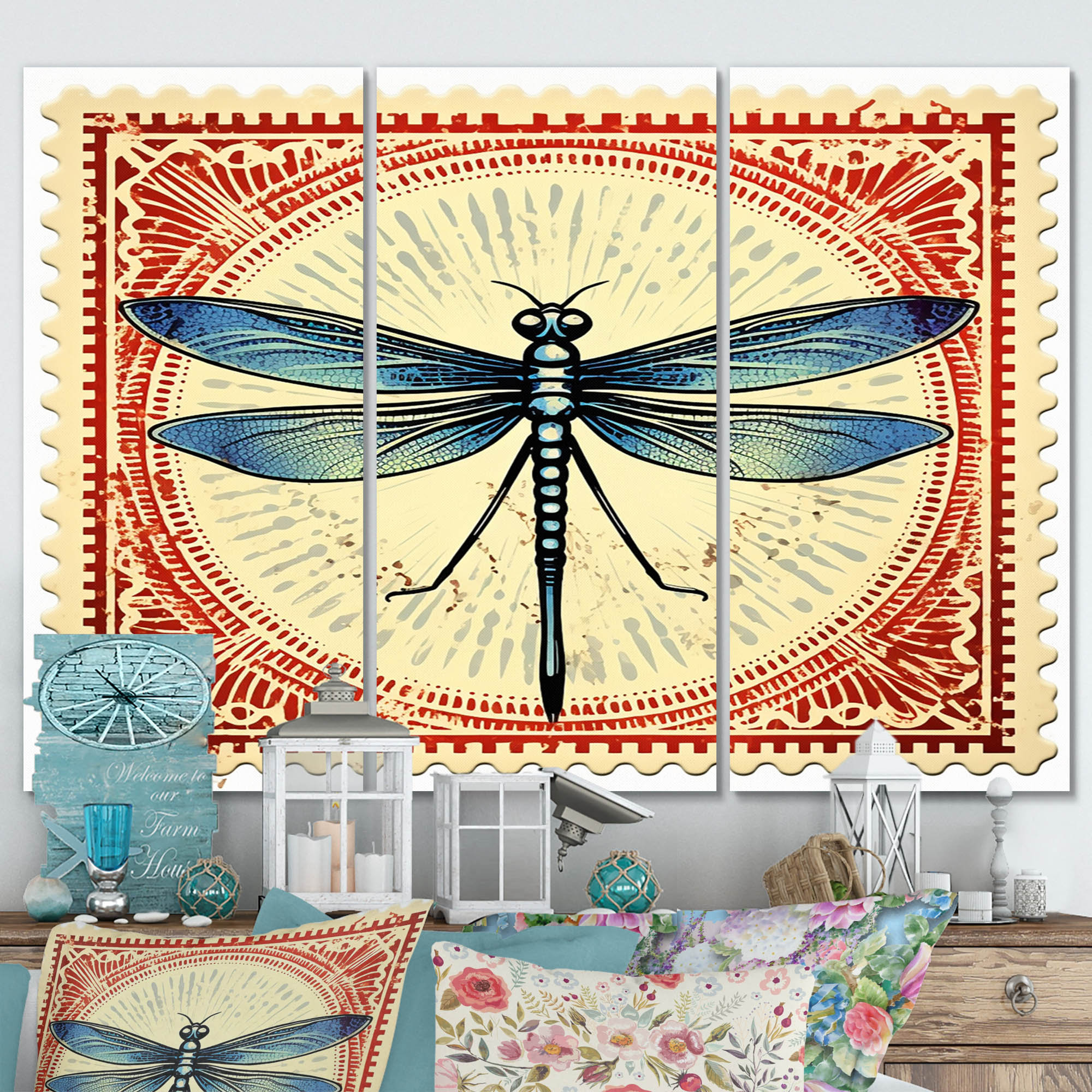 Design Art Retro Stamp Illustration Of Blue Dragonfly - Animals ...
