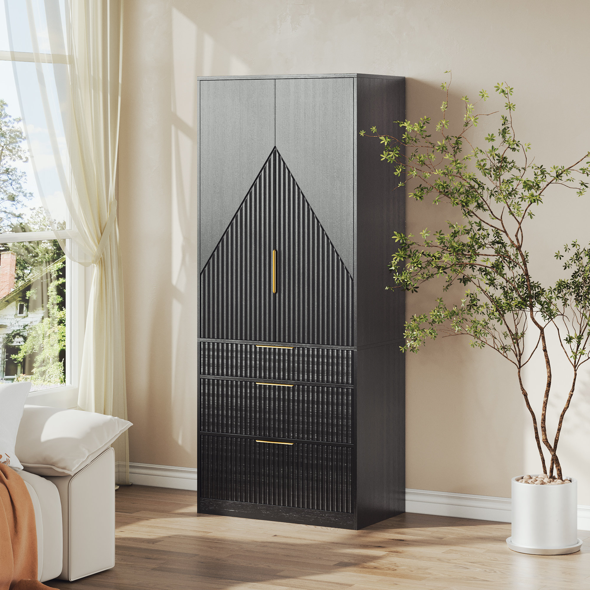 Mercer41 Armoire Wardrobe Closet With 2 Wave Doors & 3 Drawers , 71.7 ...