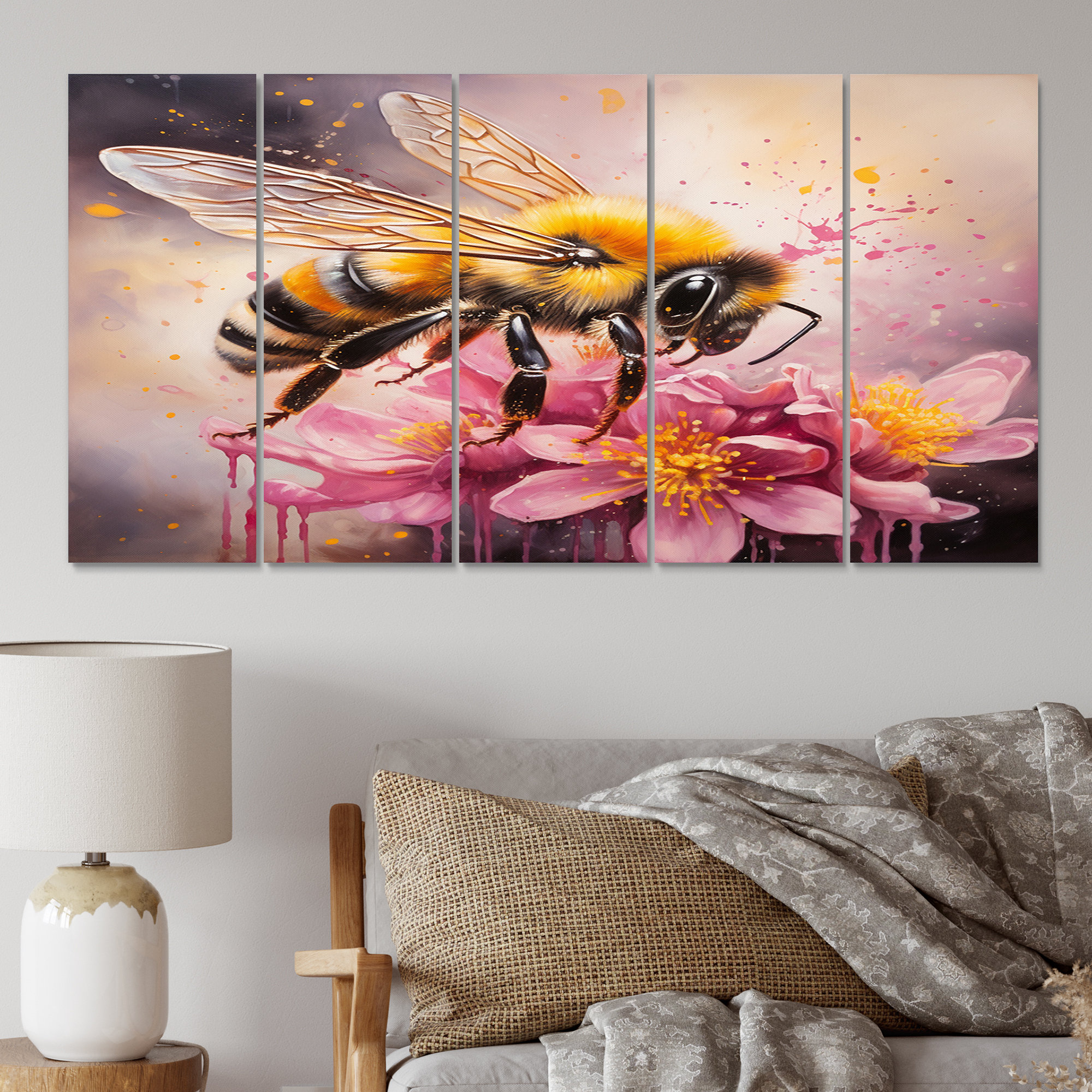 Gracie Oaks Bumble Bee On Pink Flower Painting - Animals Bee Canvas Print - 5 Equal Panels | Wayfair