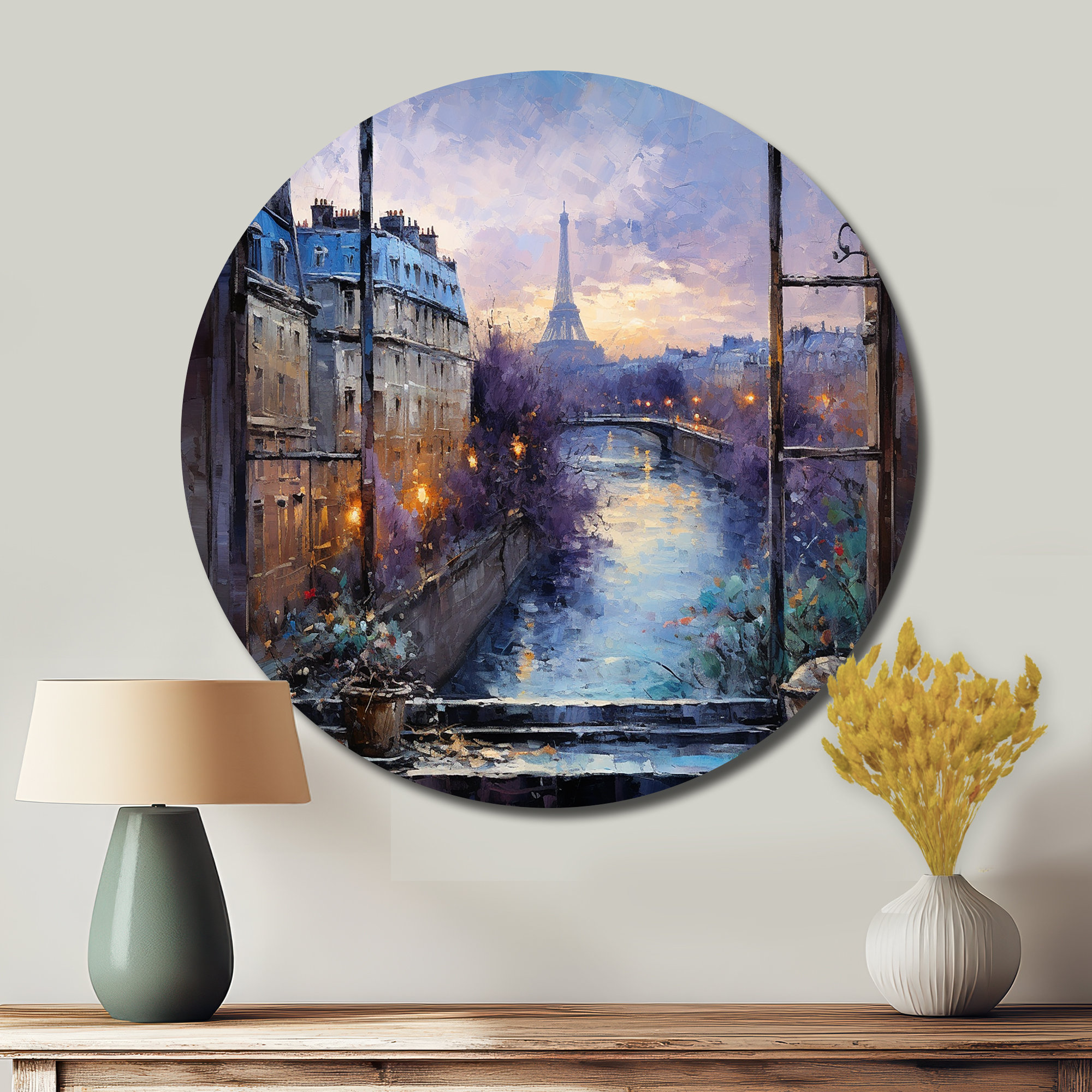 Red Barrel Studio® Paris Window View Sunset - Cityscapes Round Metal ...