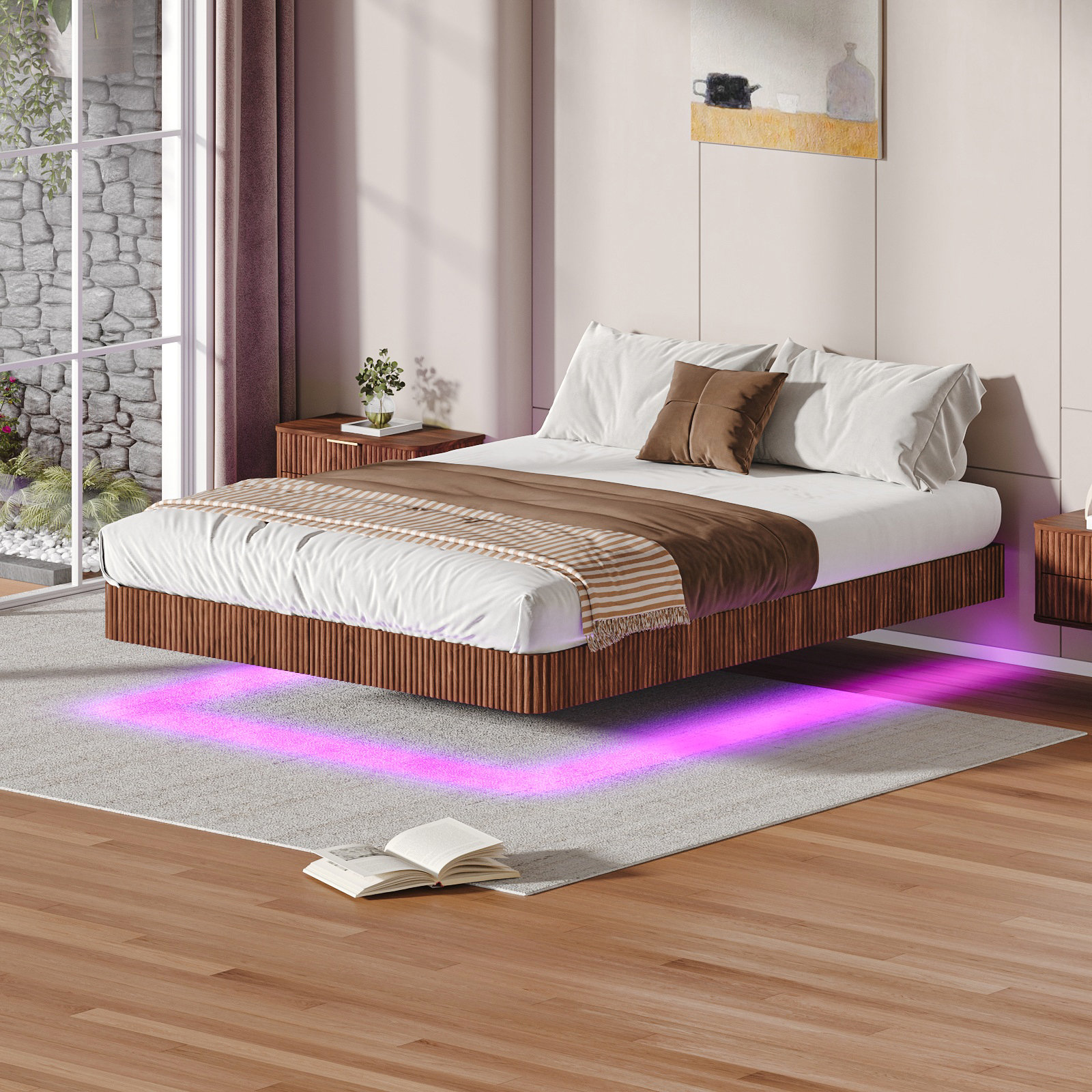 Ivy Bronx Floating Bed Frame with LED Lights, Wave-Texture Platform ...