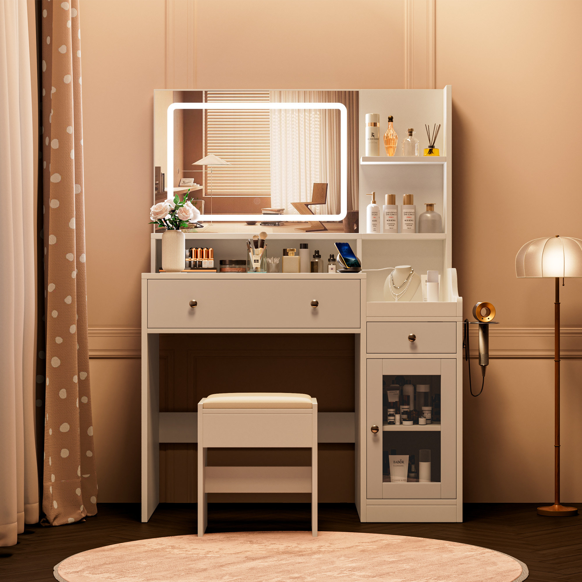 Ivy Bronx Make-up Vanity Set with LED Lighted Mirror Chair Included ...