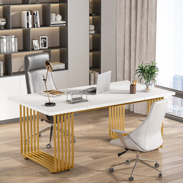 Mercer41 70.9" Modern Office Desk, White Executive Desk With Gold Metal ...