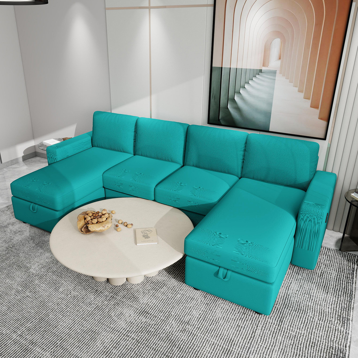 Latitude Run® 103.9 Inch Teal Convertible Sectional U-shaped Sofa With ...